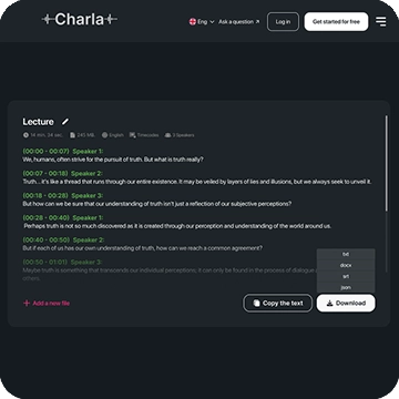 AI speech-to-text transcription service Charla - 100+ languages