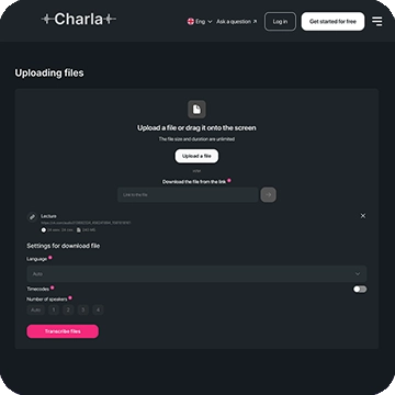 AI speech-to-text transcription service Charla - 100+ languages